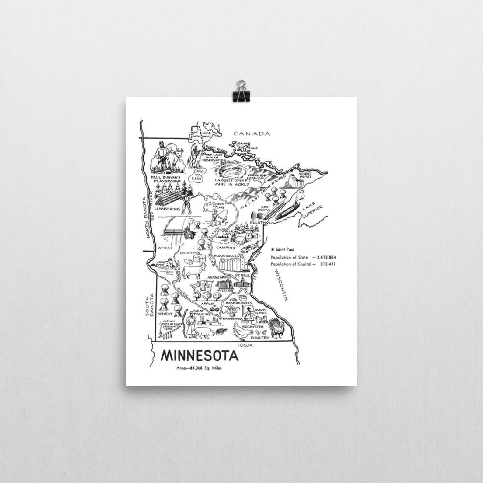 Minnesota Map DIGITAL Printable Art, 1950s State Wall Art Instant ...