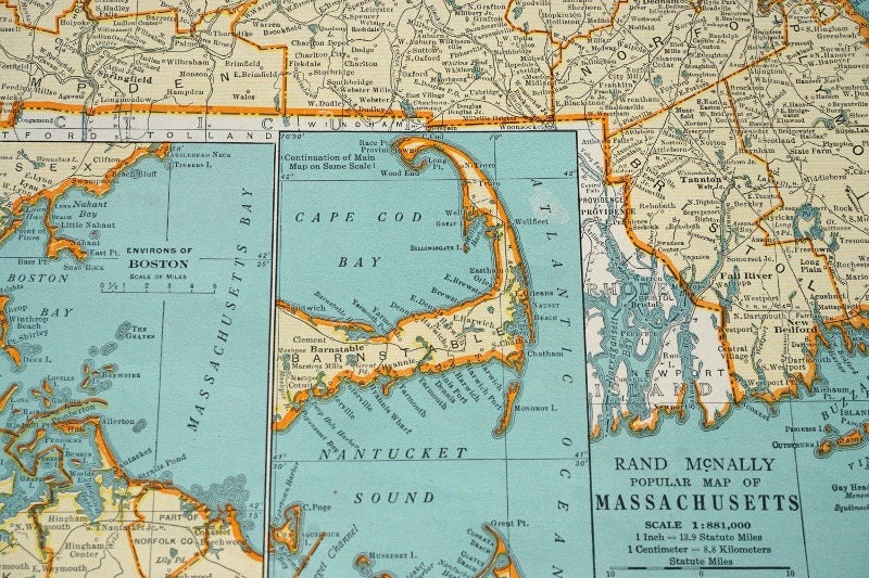 Vintage Massachusetts Map State Wall Art 1939 Antique Map | Etsy