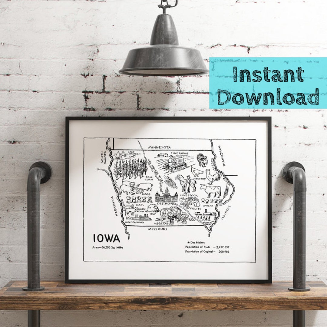 Iowa Map DIGITAL Print, State Wall Art for Kids, Instant DOWNLOAD - Etsy
