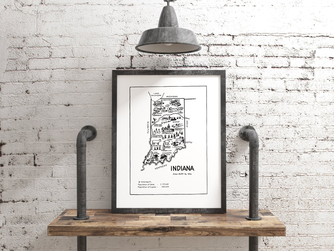 Vintage Indiana Map Art State Poster, Rustic Living Room Print - Etsy
