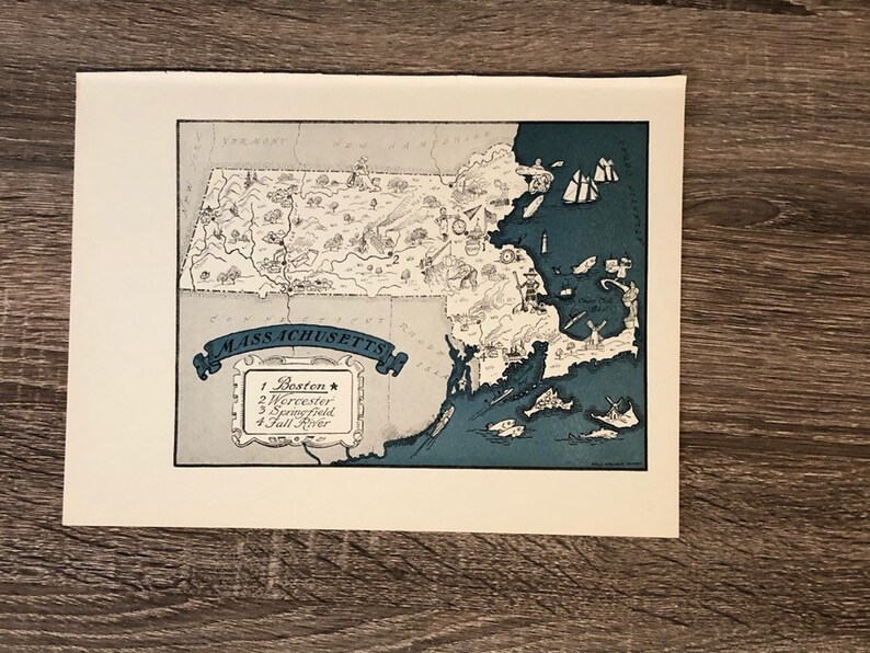 Massachusetts Map Art Vintage State Map Wall Art Old - Etsy
