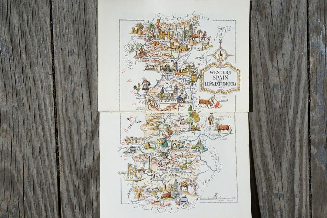 Vintage Western Spain Map, Illustrated Art With Salamanca and Leon - Etsy