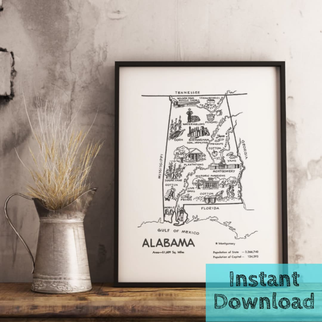 Alabama Map DIGITAL Printable Map From 1950s, State Wall Art Instant ...