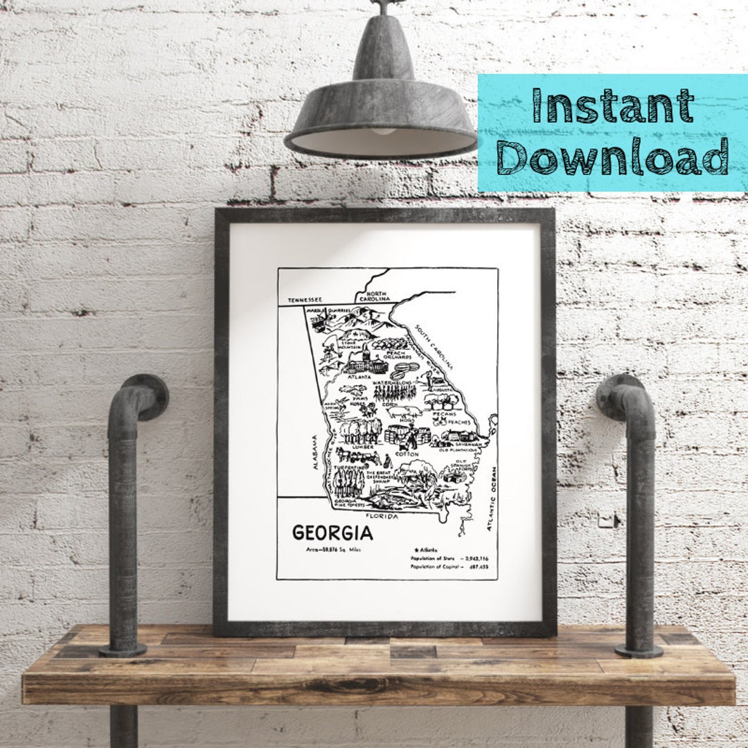 Georgia Map DIGITAL Printable, 1950s Georgia Print State Wall Art ...