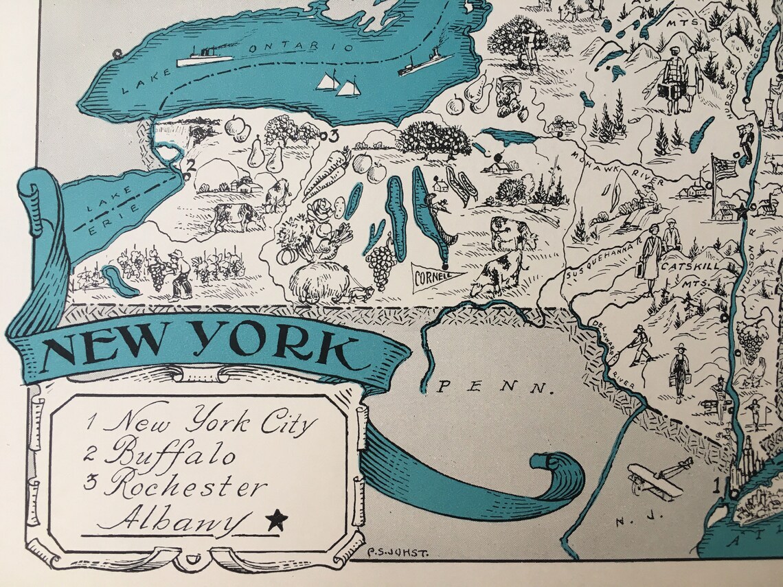 Vintage New York Map Art New York State Map Wall Decor From - Etsy