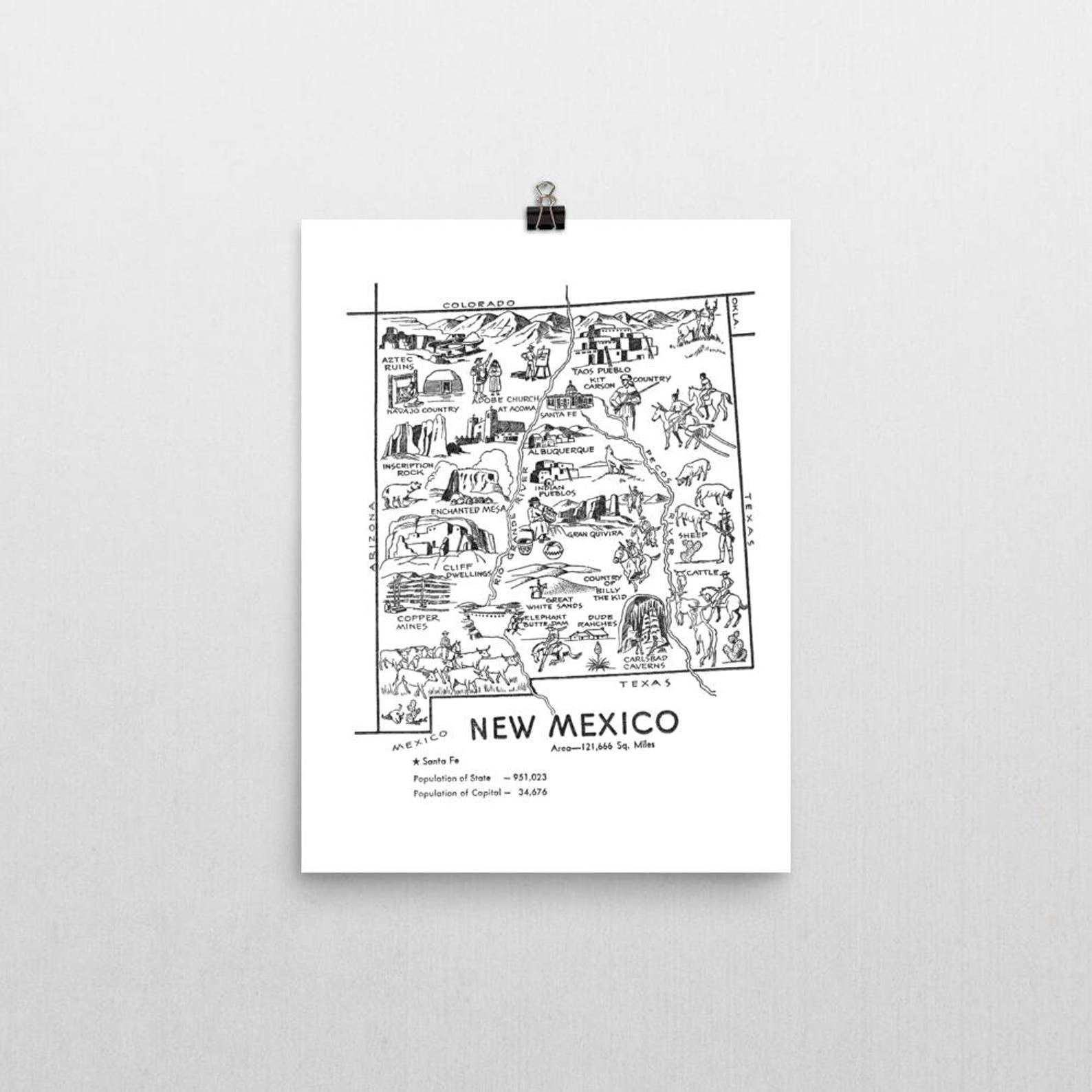 New Mexico Map DIGITAL Printable Art / 1950s State Wall Art - Etsy