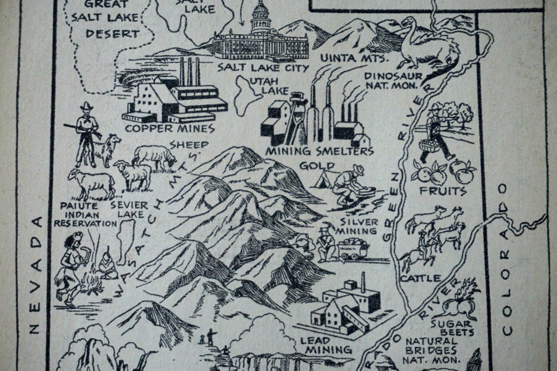 Utah Map Wall Art Coloring Book Page / 1950s Vintage Map State - Etsy
