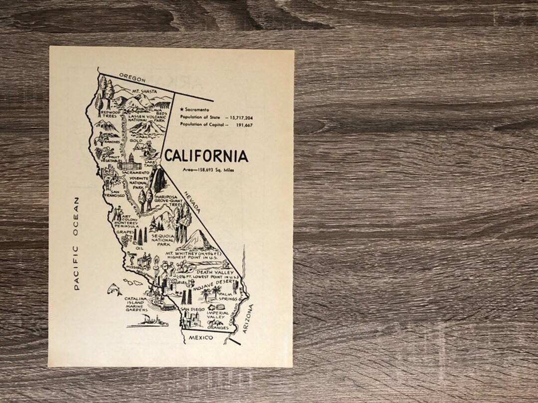 Vintage California Map Coloring Book Page, 1950s State Wall Art Travel ...