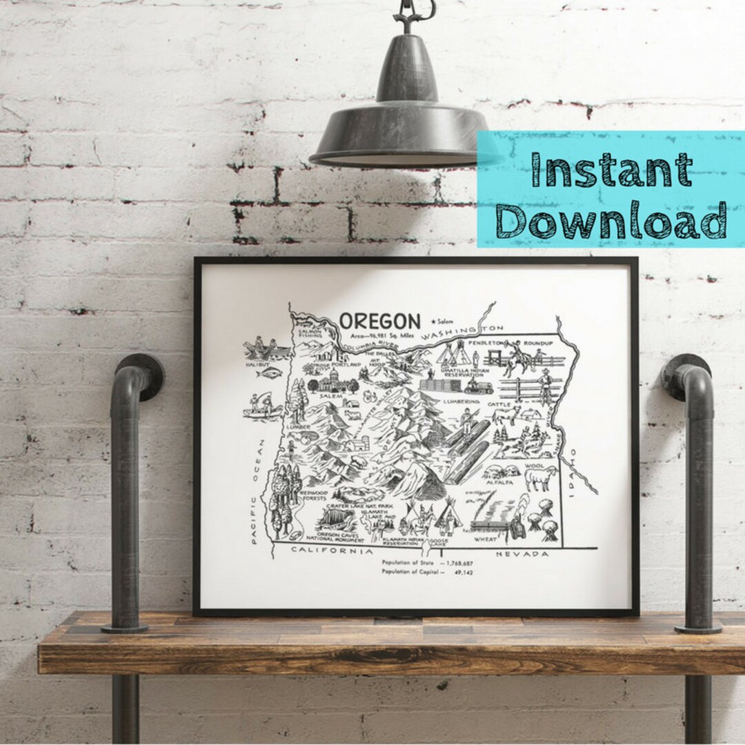 Oregon Map DIGITAL Printable Art, 1950s Oregon State Print Instant ...