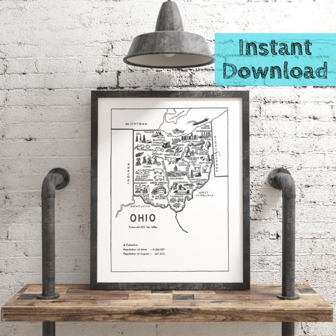 Ohio Map Print DIGITAL Printable Art, 1950s State Travel Wall Art ...