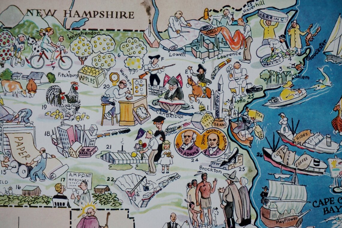 Vintage Massachusetts Map Decor Antique Map Wall Art | Etsy