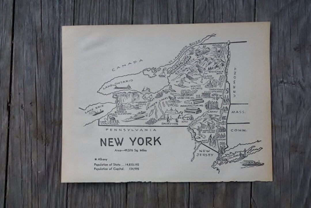 Vintage New York Map Coloring Book Page, State Map Illustration New ...