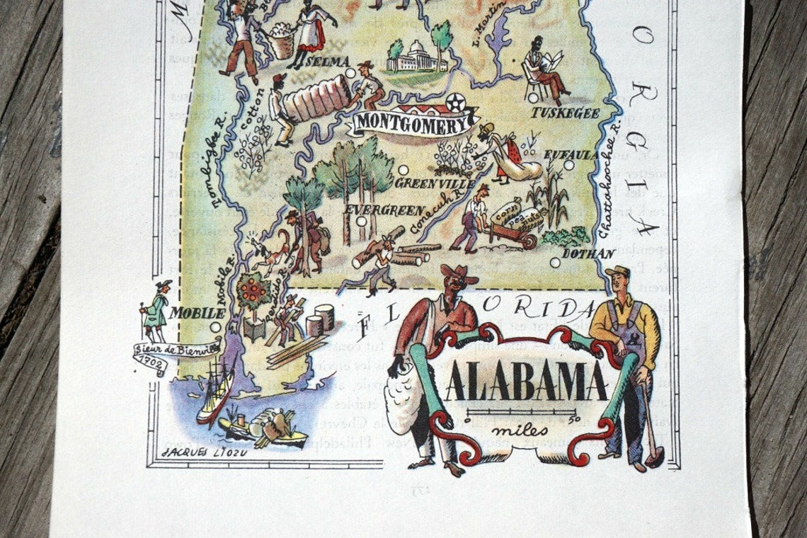 Vintage Alabama Map State Map Wall Art 1950s Rustic Home | Etsy