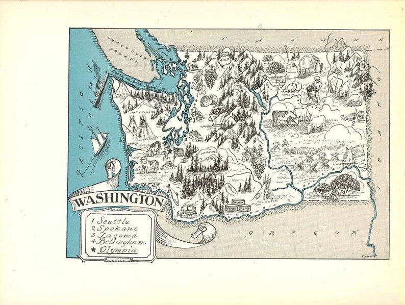 Vintage Map of Washington State Wall Decor 1930s Antique - Etsy
