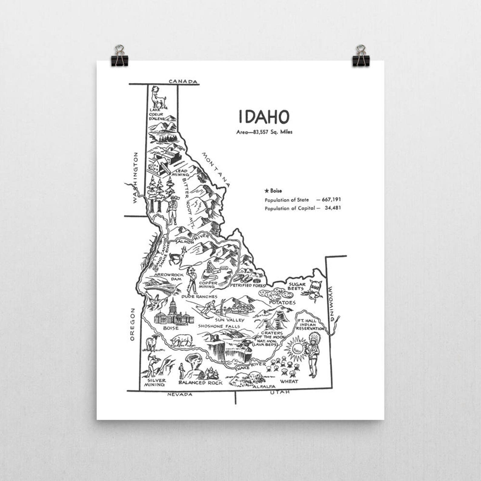 Idaho Map State Wall Art Vintage Travel Map Poster - Etsy