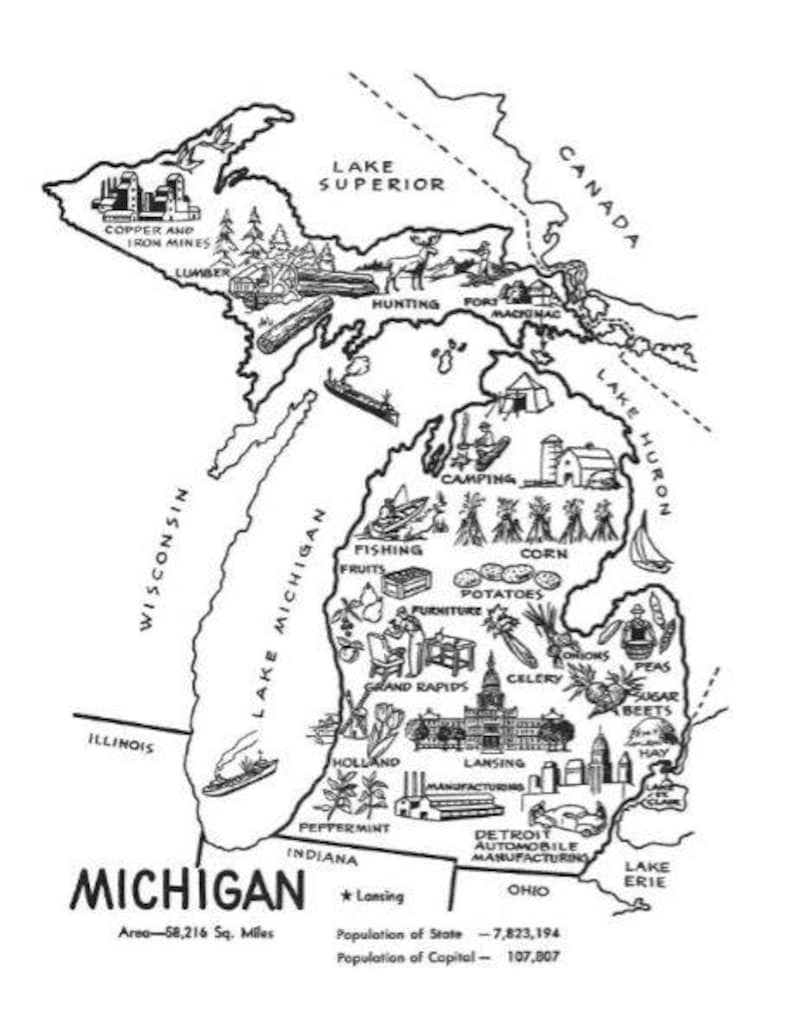 Michigan Map DIGITAL Printable Art, 1950s State Wall Art DOWNLOAD - Etsy