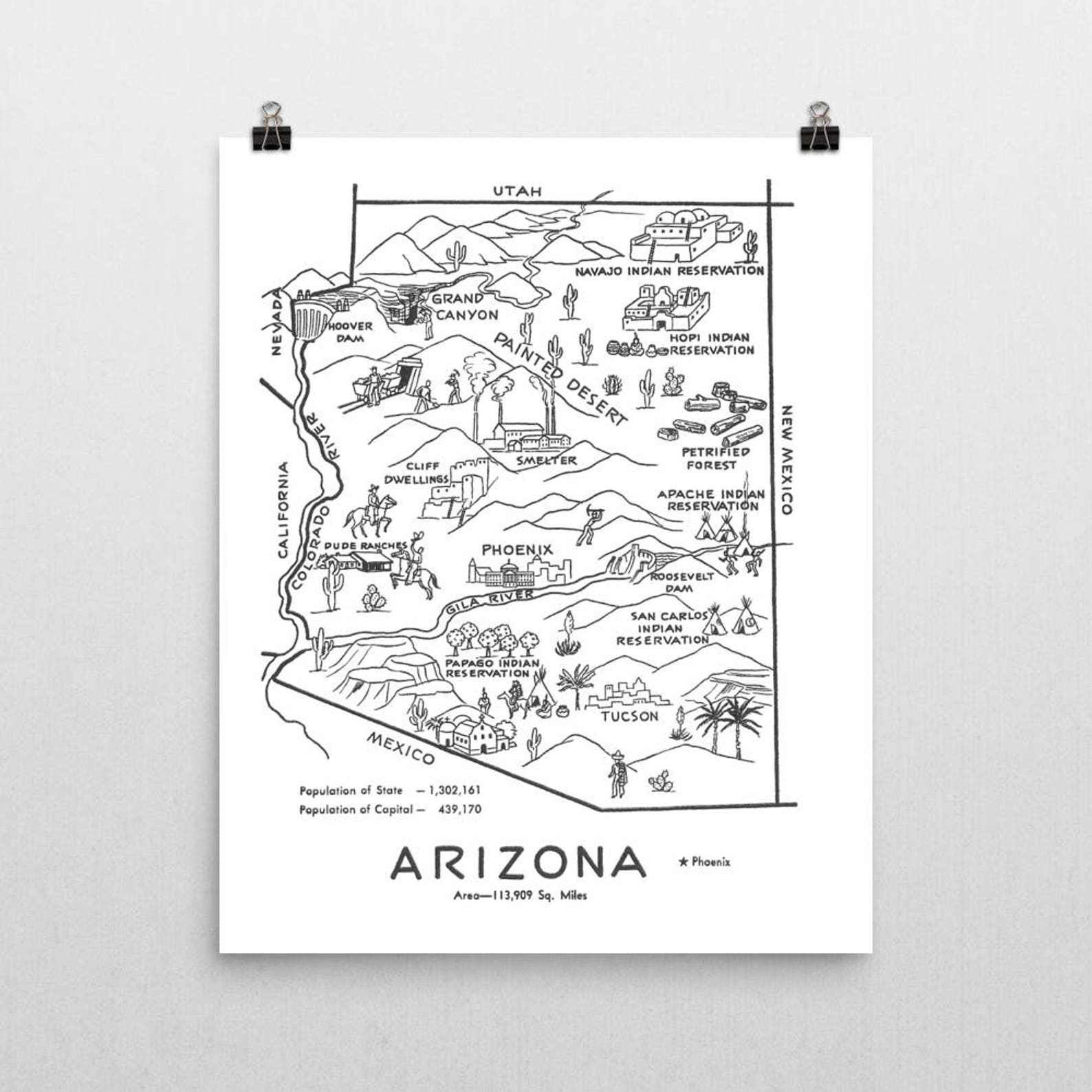 Arizona Map State Wall Art Vintage Style Arizona Print Travel - Etsy