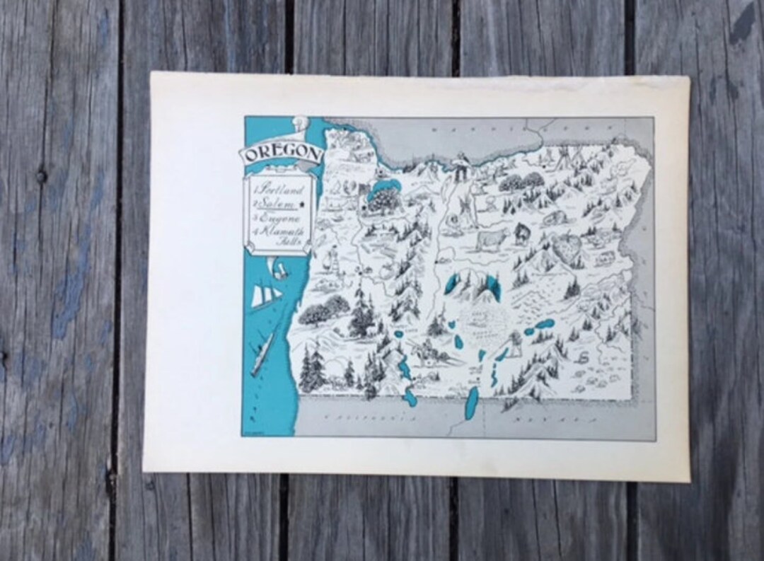 Vintage Oregon Map Rustic Decor From the 1930s, Old Illustration State ...