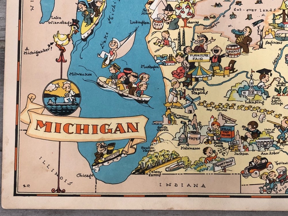 Michigan Map Illustration Vintage Michigan Art Cartoon Map | Etsy