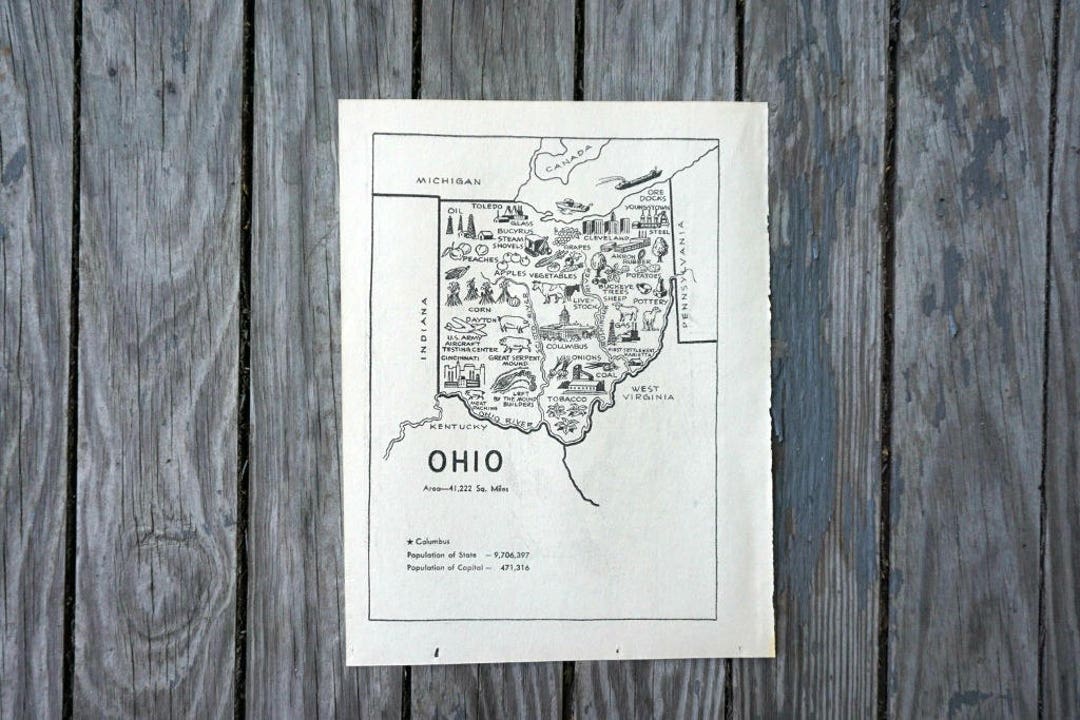 Ohio Map Coloring Book Page From the 1950s, Vintage Wall Decor Ohio ...
