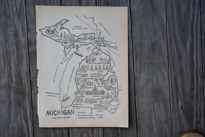 Vintage Michigan Map Coloring Book Page / MI Map Wall Art | Etsy