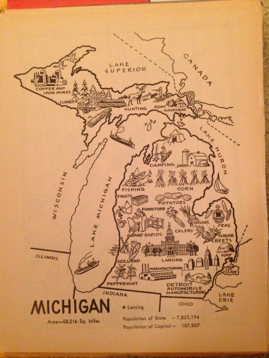 Vintage Michigan Map Coloring Book Page / MI Map Wall Art | Etsy