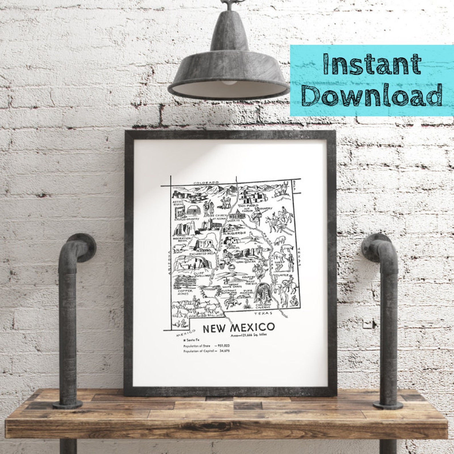 New Mexico Map DIGITAL Printable Art / 1950s State Wall Art - Etsy