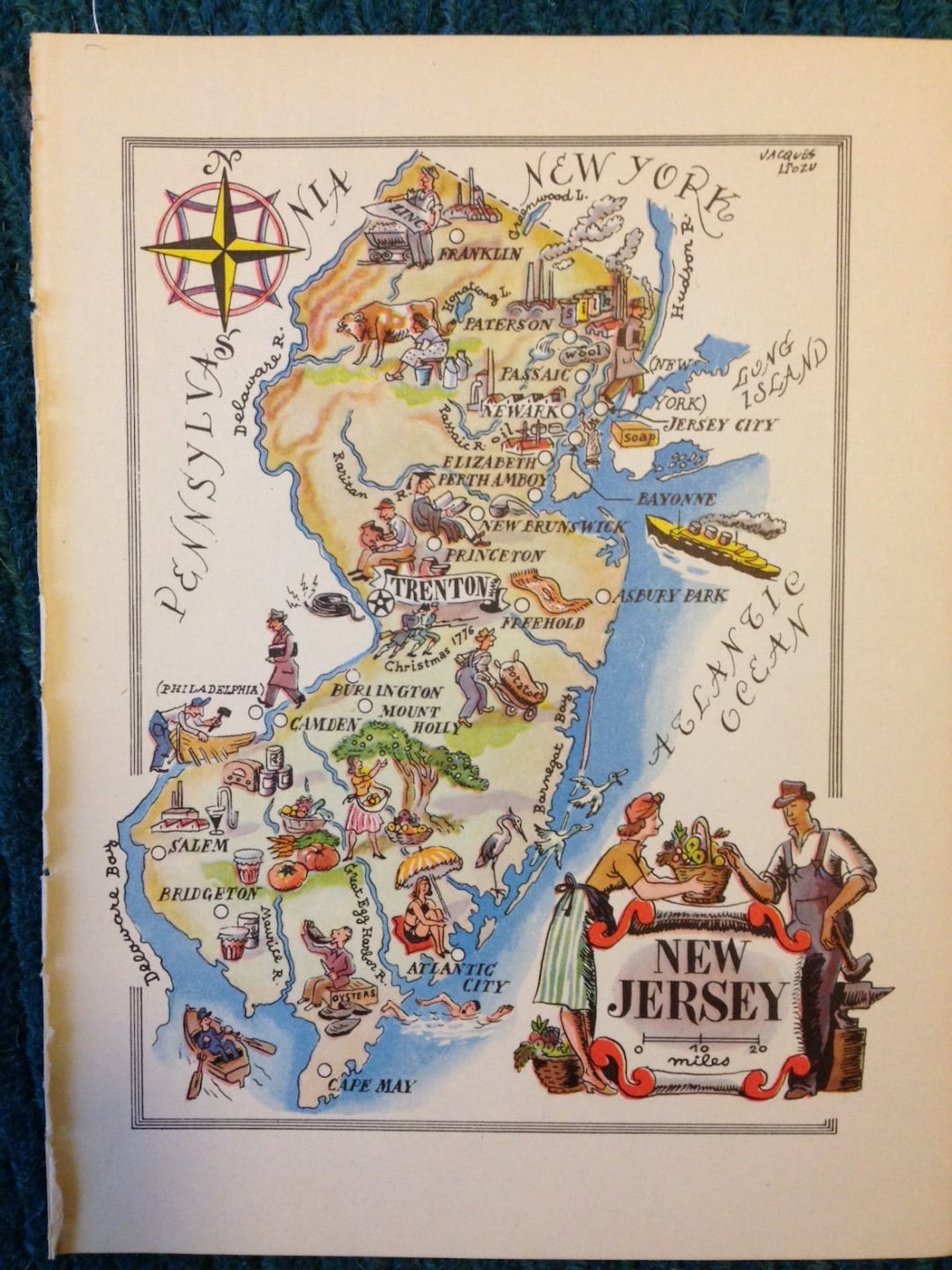 Vintage New Jersey Map Book Page, 1950s Rustic Wall Art - Etsy