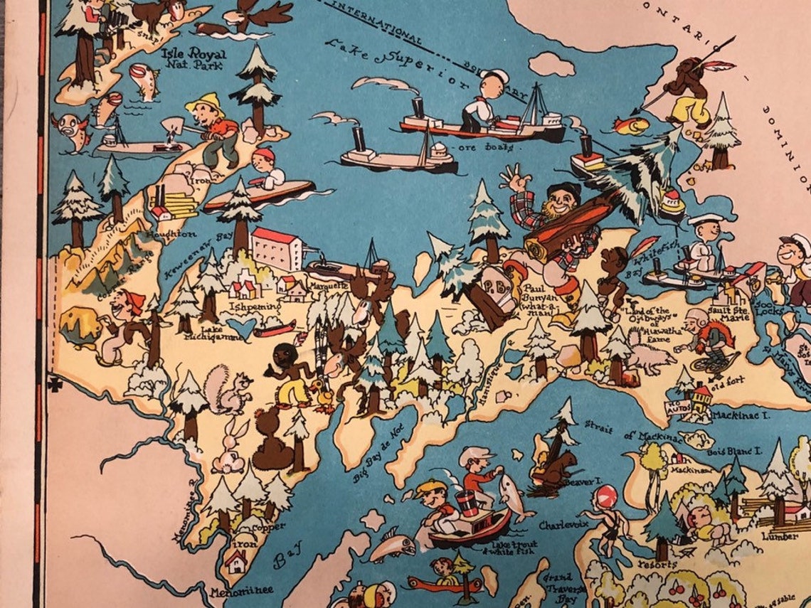 Michigan Map Illustration Vintage Michigan Art Cartoon Map - Etsy