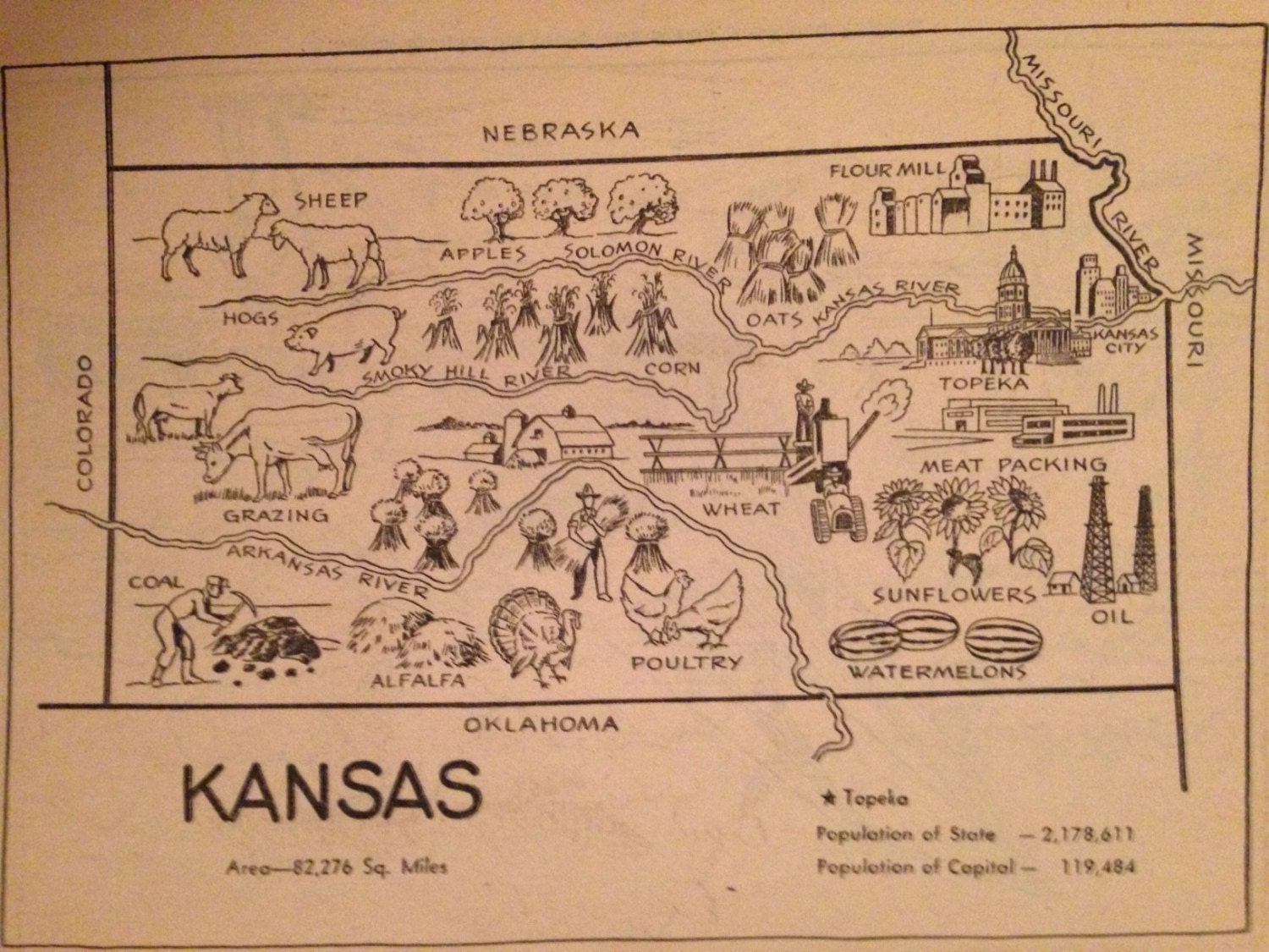 Kansas Map Wall Art / 1950s Coloring Book Page / Kids Map | Etsy