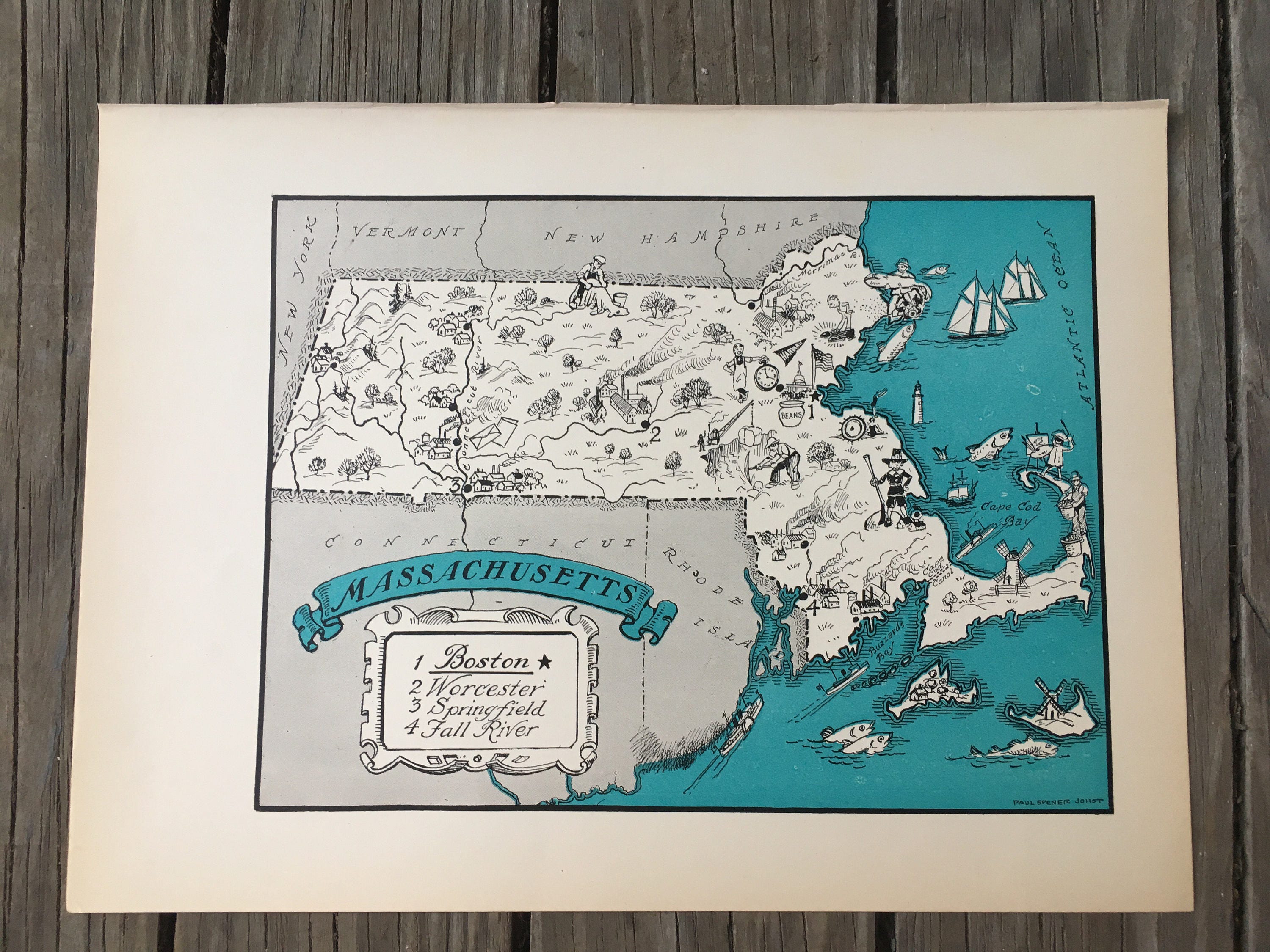 Massachusetts Map Art Vintage State Map Wall Art Old Etsy