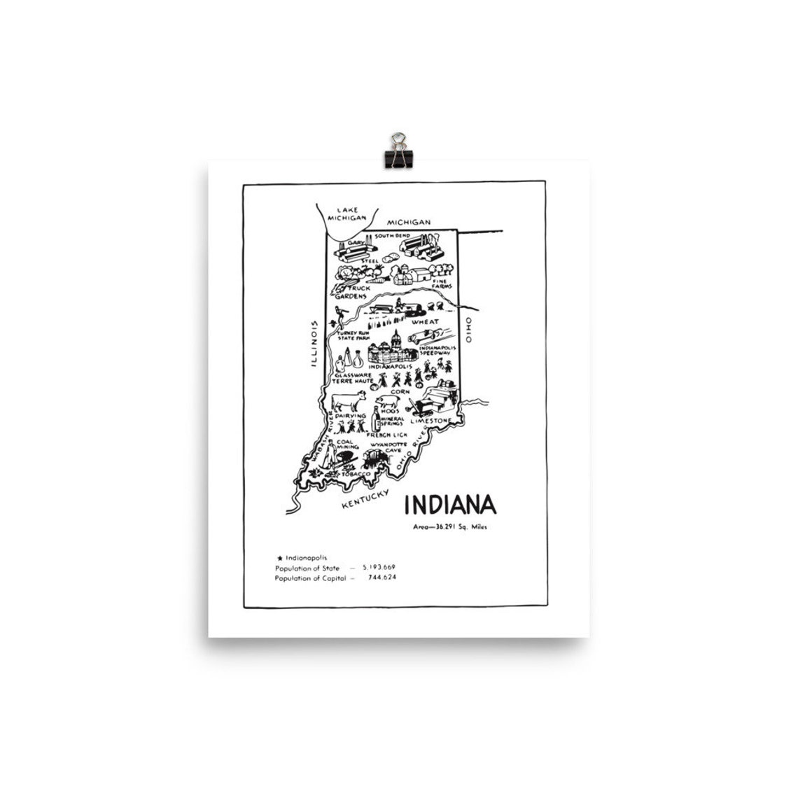 Indiana Art State Poster Indiana Map Bedroom Print Rustic | Etsy
