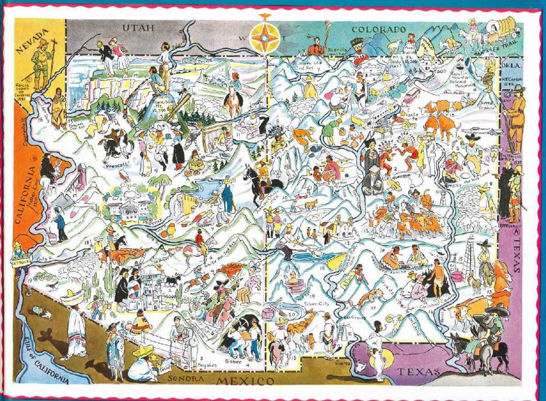 New Mexico Map Wall Art, Vintage State Map Decor, Cartoon Map With ...