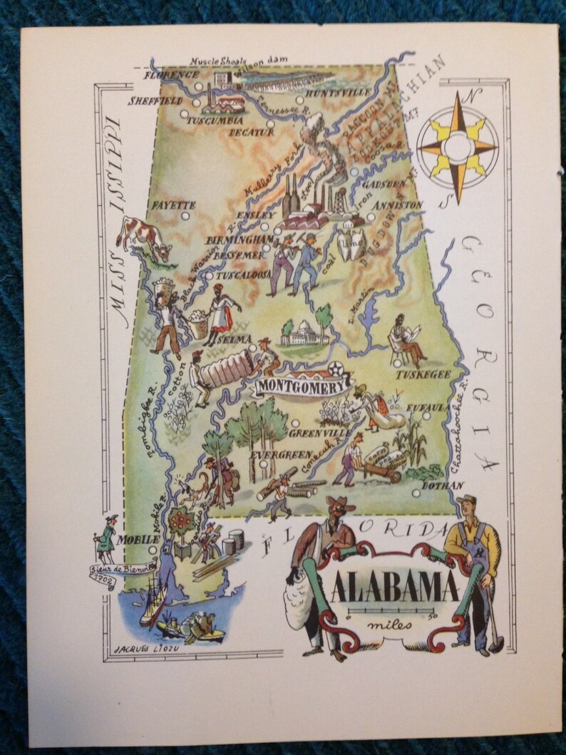 Vintage Alabama Map State Map Wall Art 1950s Rustic Home - Etsy