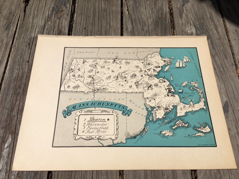 Massachusetts Map Art Vintage State Map Wall Art Old - Etsy