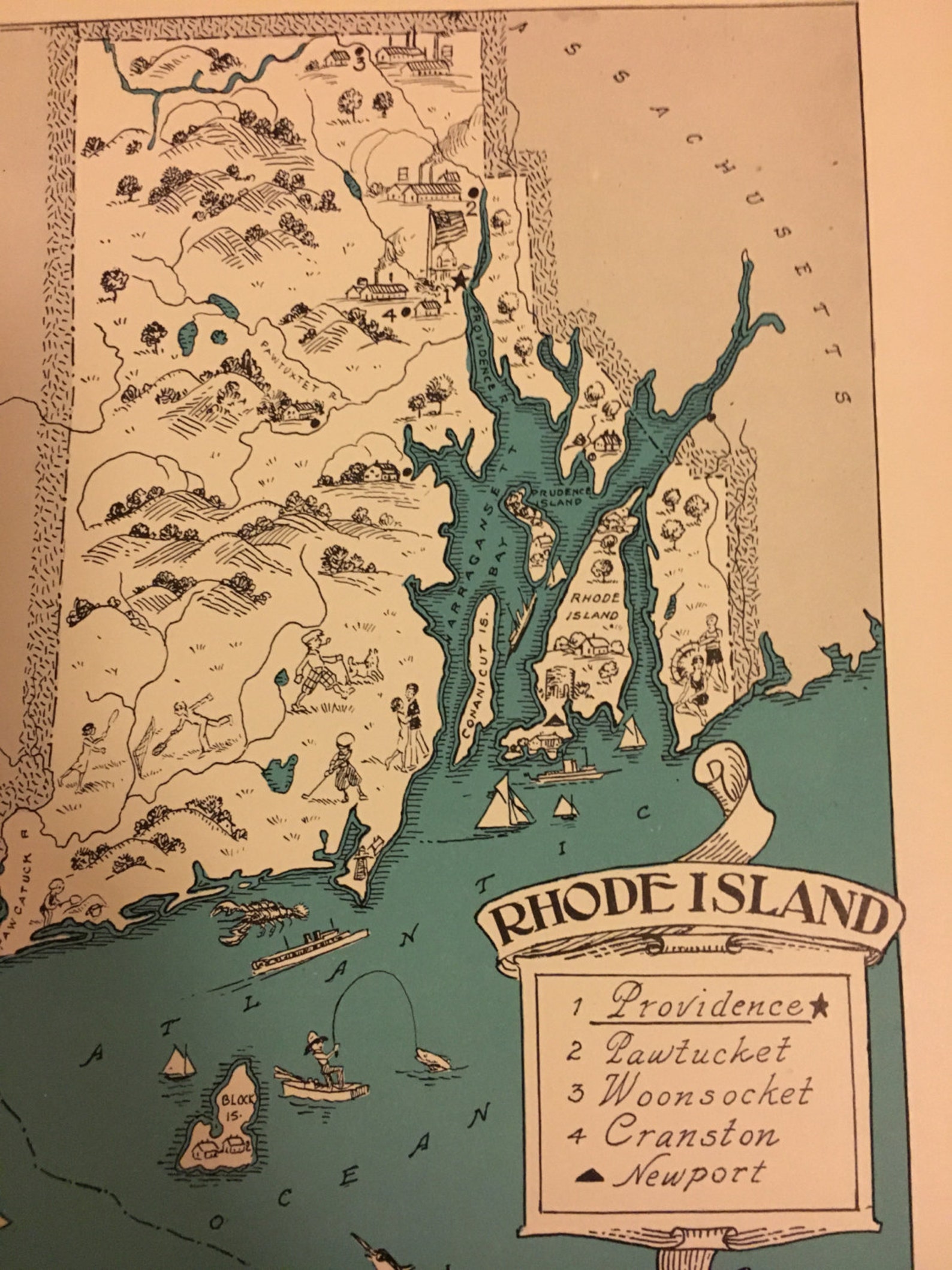 Vintage Rhode Island Map Art 1930s State Wall Decor Antique - Etsy