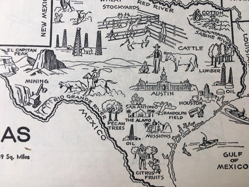Texas Map Coloring Book Page, 1950s State of TX Illustration - Etsy