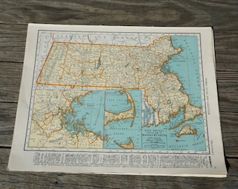Vintage Massachusetts Map Decor Antique Map Wall Art | Etsy