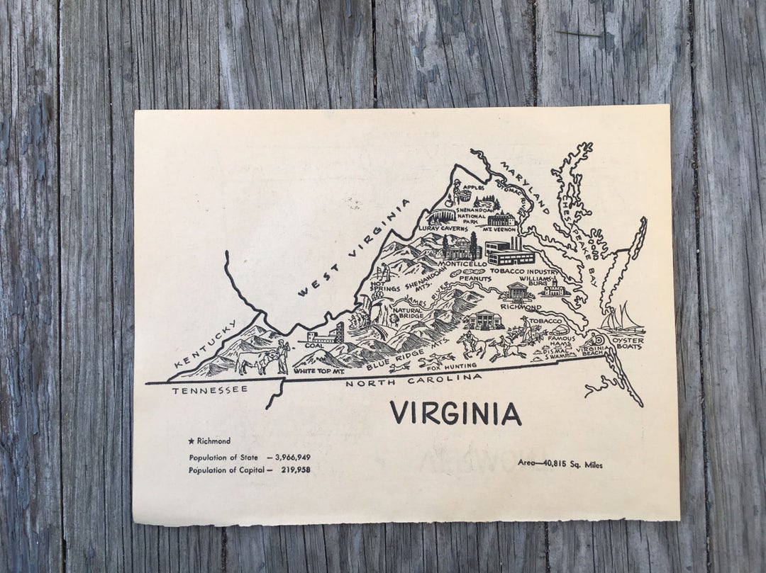 Vintage Virginia Map Art, 1950s Coloring Book Page, State Map Home ...