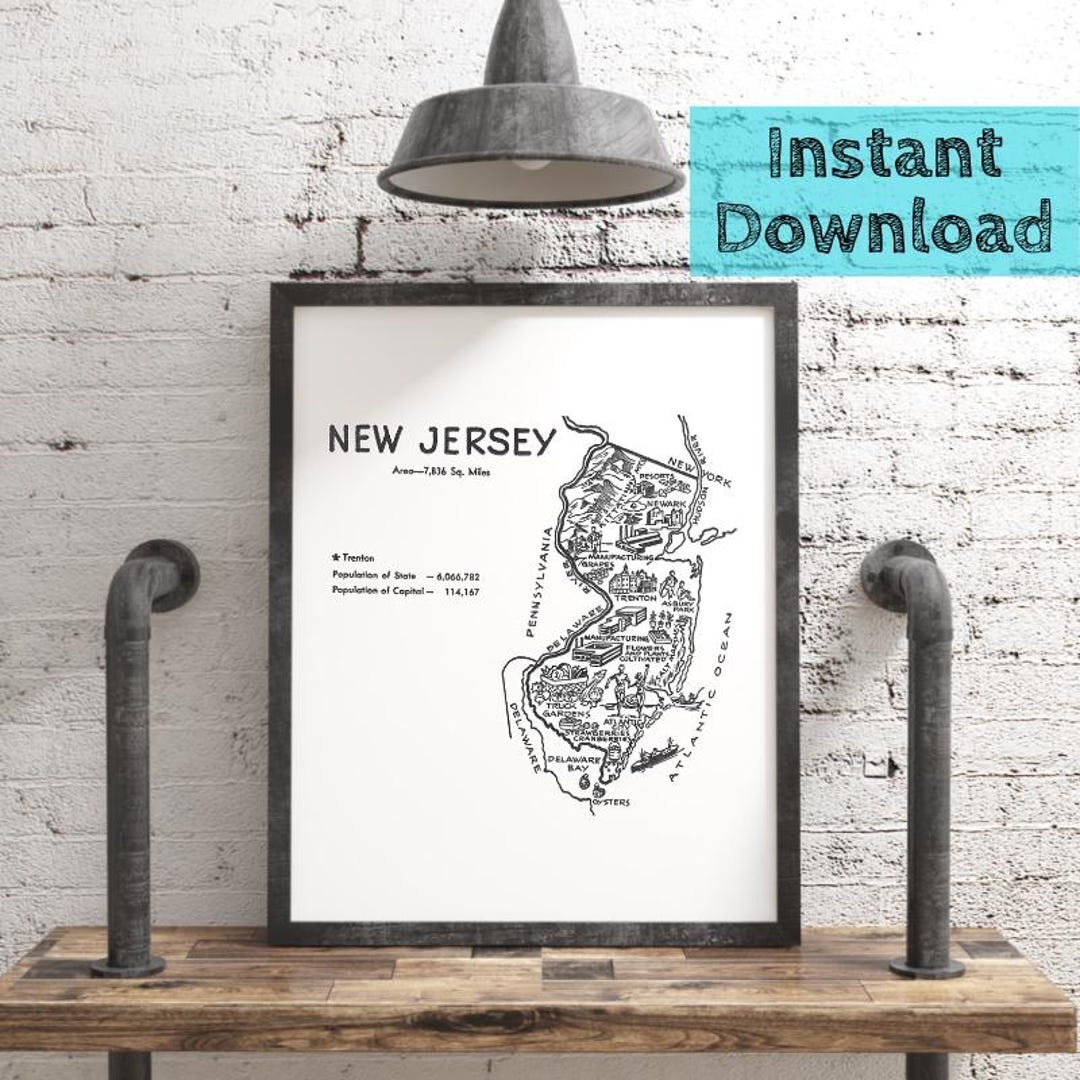 New Jersey Map DIGITAL Printable Art, Vintage State Poster Instant ...