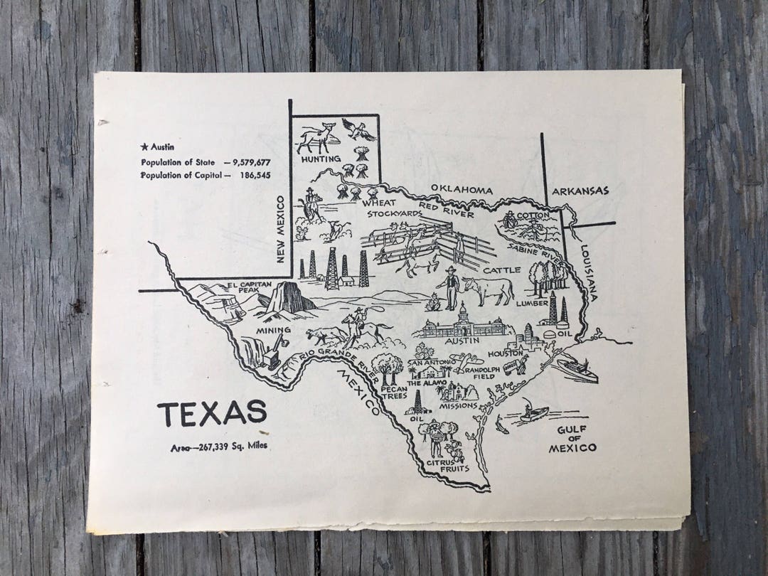 Texas Map Coloring Book Page, 1950s State of TX Illustration - Etsy