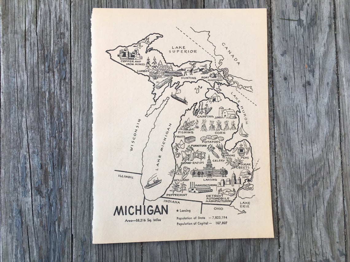 Vintage Michigan Map Coloring Book Page / MI Map Wall Art | Etsy