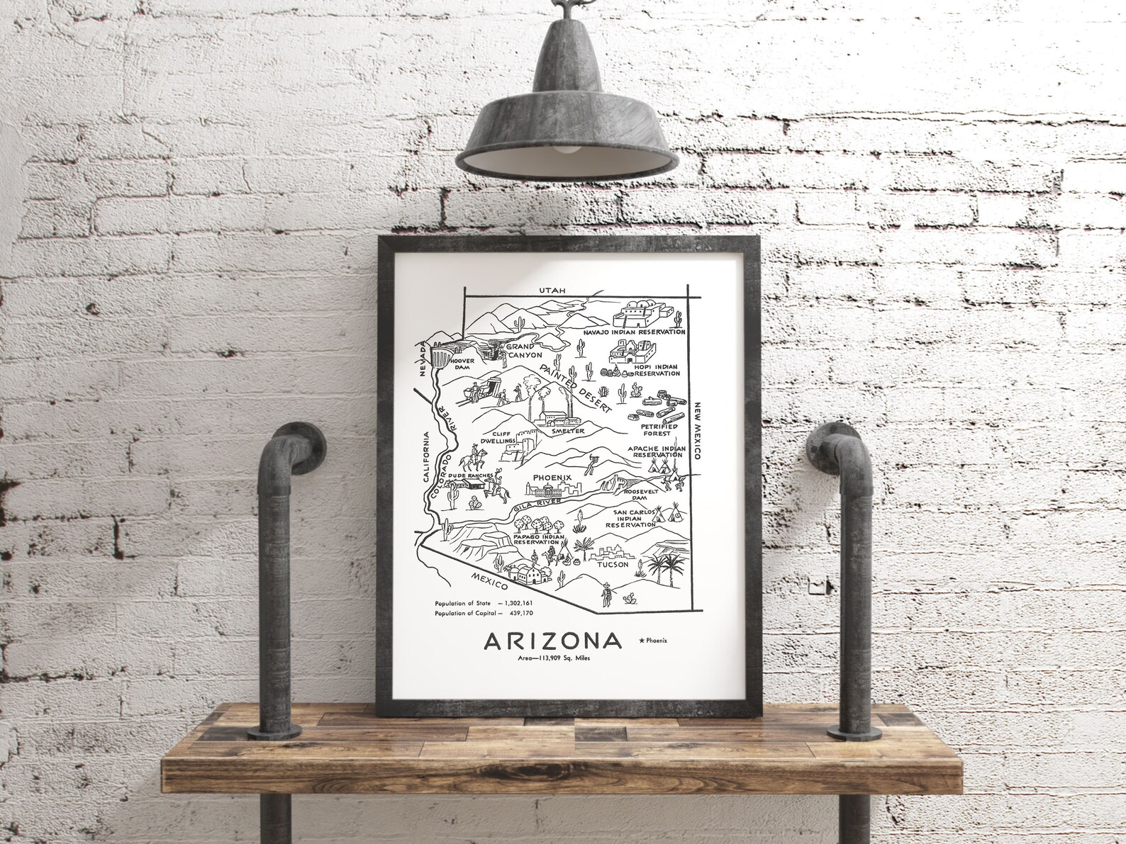 Arizona Map State Wall Art Vintage Style Arizona Print Travel - Etsy