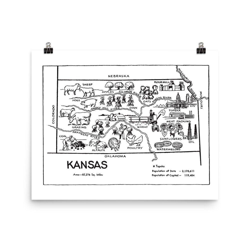 Kansas Map Prints State Wall Art Kansas Poster Travel Decor | Etsy