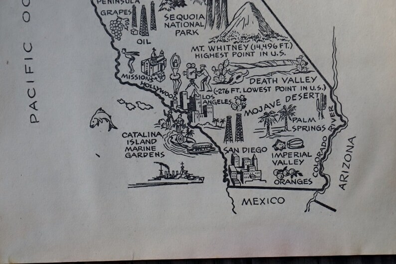 Vintage California Map Coloring Book Page 1950s State Wall - Etsy