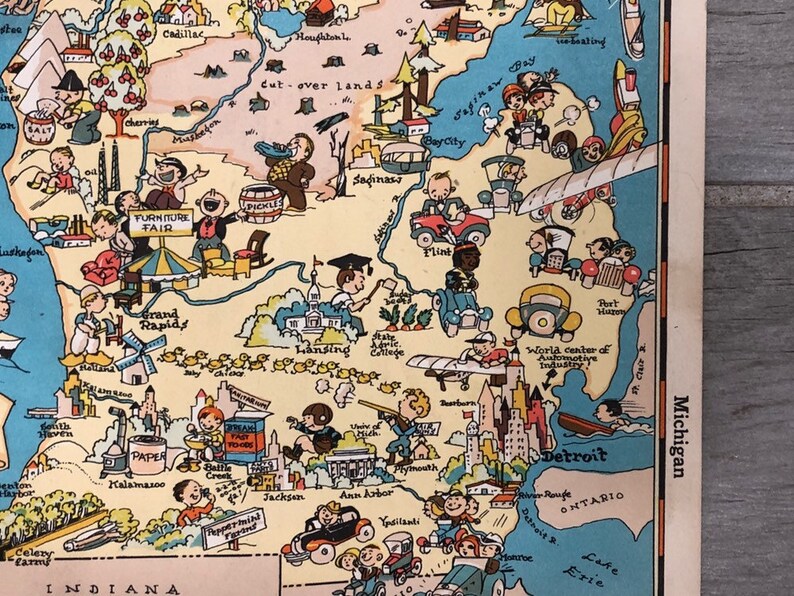 Michigan Map Illustration Vintage Michigan Art Cartoon Map - Etsy