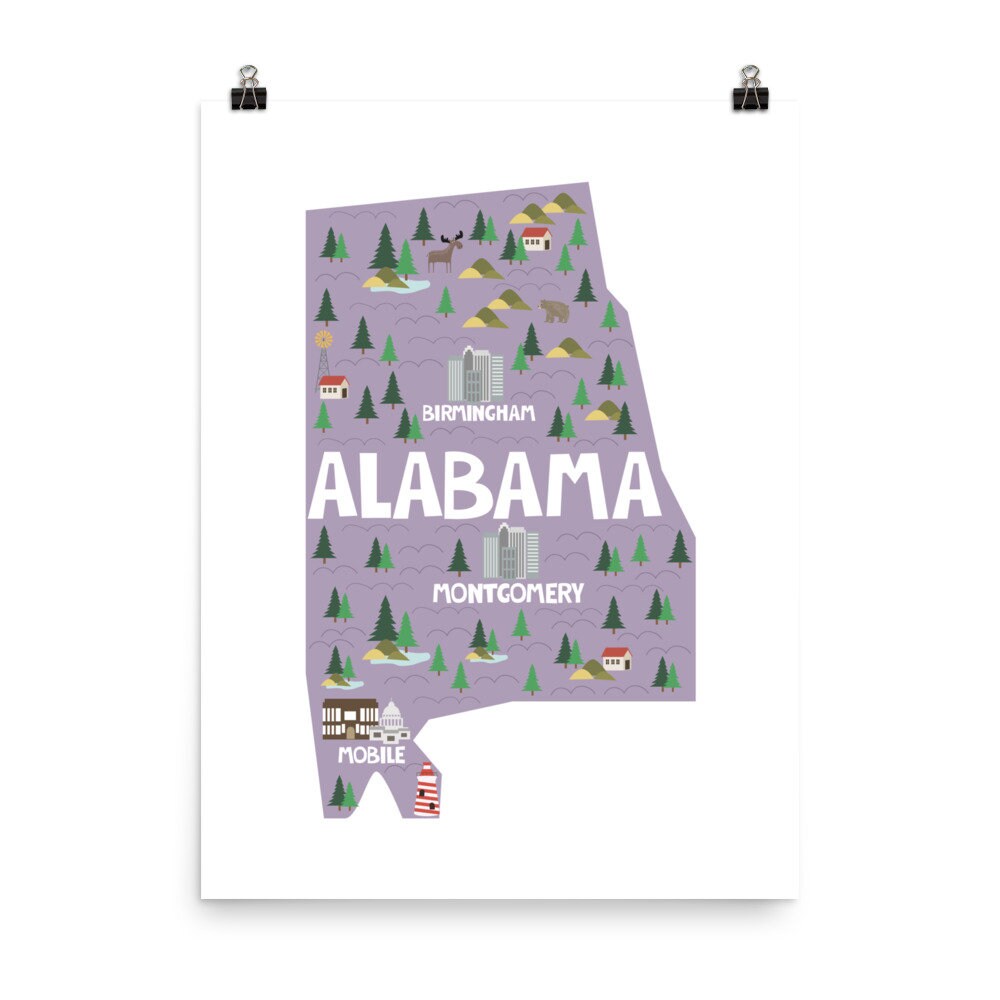 Alabama Map Poster State Wall Art Kids Map Print Nursery Room | Etsy