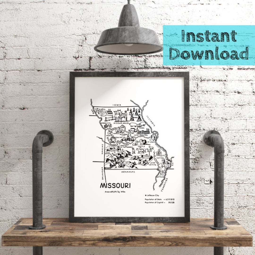 Missouri Map Art DIGITAL Printable Map, 1950s State Wall Print, Instant ...