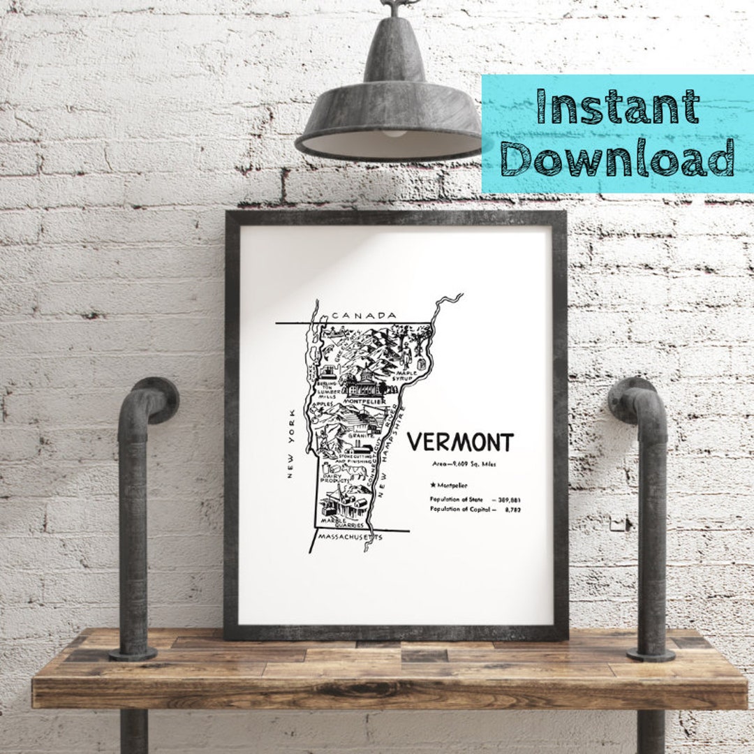 Vermont Map DIGITAL Printable Art From 1950s, State of Vermont Instant ...