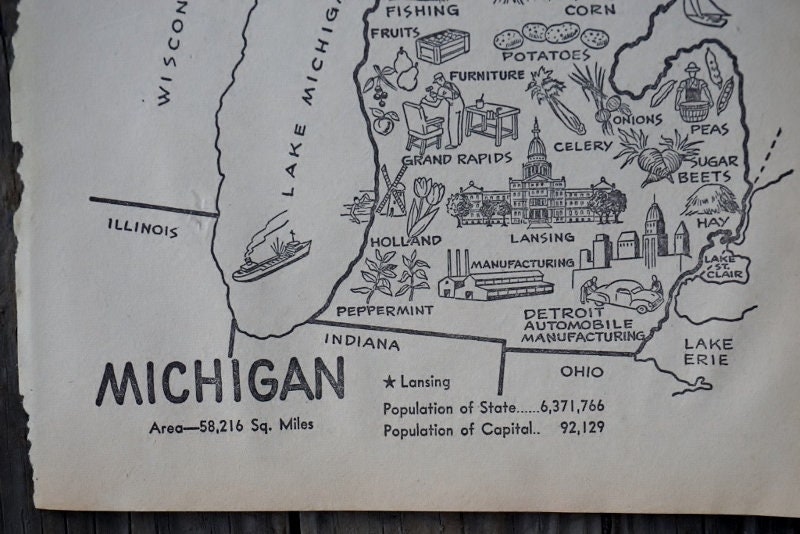 Vintage Michigan Map Coloring Book Page / MI Map Wall Art | Etsy